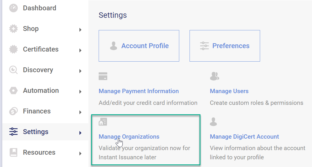 Manage Organizations (DigiCert) - Knowledge Base